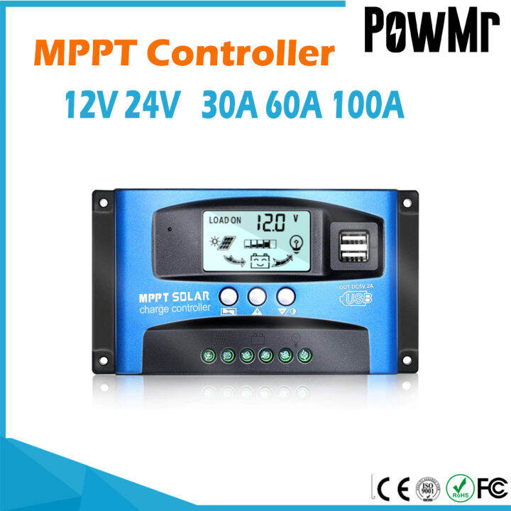 Solar Charge Controller MPPT 30A 60A 100A Dual USB LCD Display Auto 12V 24V Solar Cell Panel ...