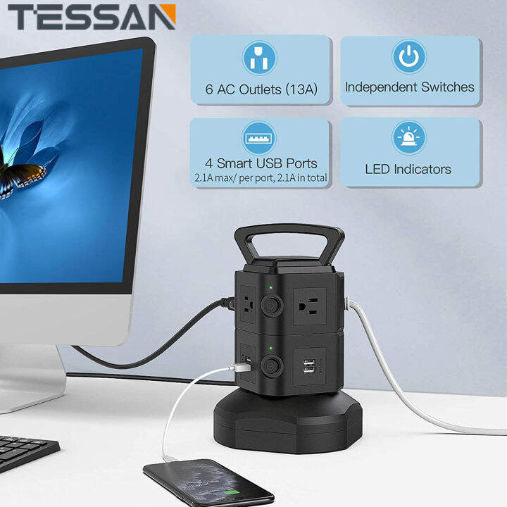 6 AC Outlets and 4 USB Ports Extension Socket 6 Gang Vertical Tower ...