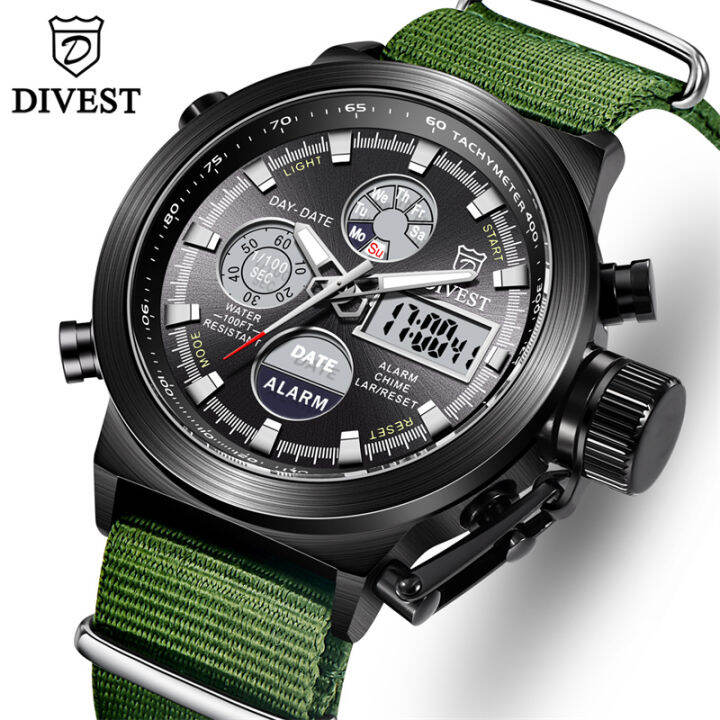 DIVEST สุดหรูแบรนด์ชายสายรัดข้อมือไนลอนนาฬิกาควอตซ์แฟชั่นกันน้ำนาฬิกาสปอร์ตผู้ชายตัวจับเวลา LED ...