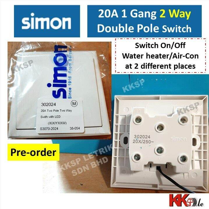 (SIRIM) Simon E3 Series 20A 1 Gang 1 Way Double Pole Switch 20A 1 Gang 2 Way D/P switch With LED ...