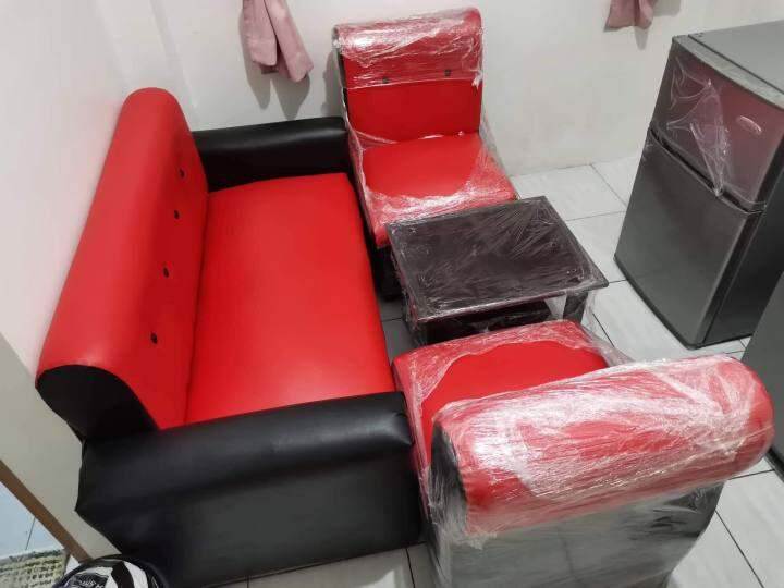 SOFA SALA SET RED BLACK LEATHER WITH WOOD TABLE | Lazada PH