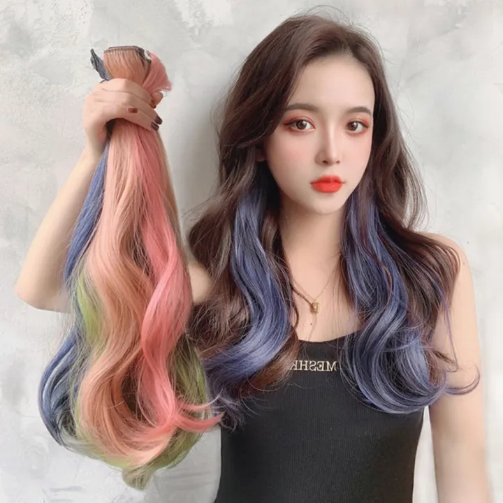 FHDFH colorful Rainbow Curls Hair With Clips 60cm Headwear Colored ...