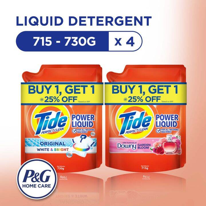 [Bundle of 4] Tide Liquid Detergent Original White & Bright Garden Bloom 715G-730G Refill ...