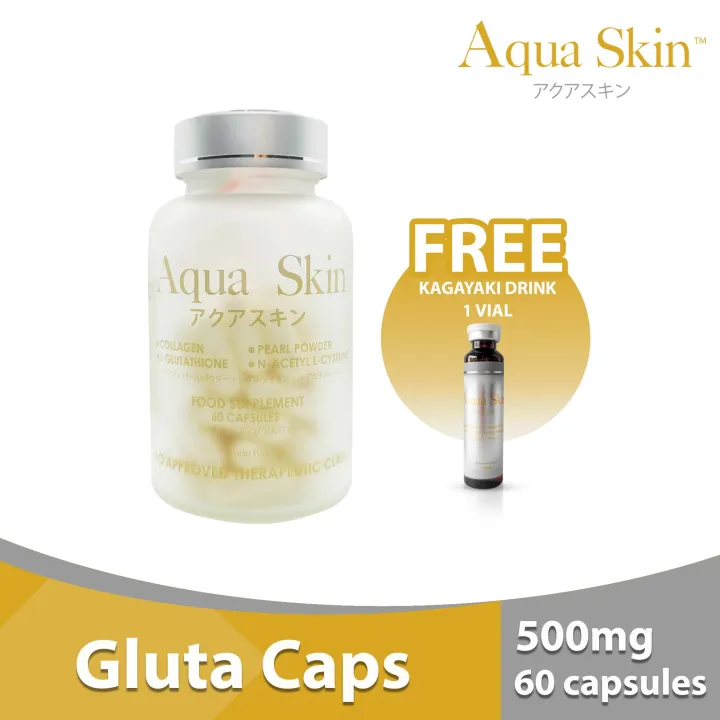 Aqua Skin Gluta Caps With Collagen 500mg 60 Capsules with FREE Kagayaki ...
