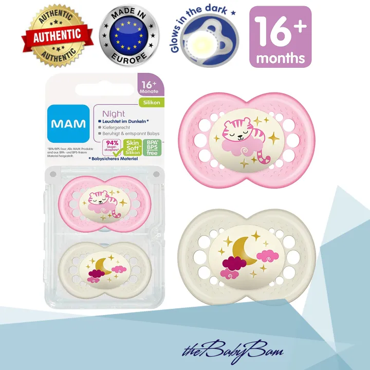 Mam Night Soother Pacifier For 16+ Cat Moon Star Clouds Pink ( 2pcs ...