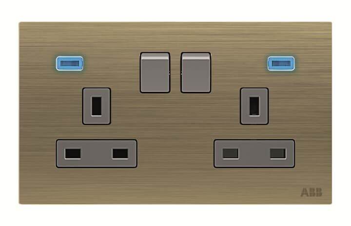 Socket Outlet ABB Antique Gold 2 gang BS double pole switched socket outlet with led 13A ...
