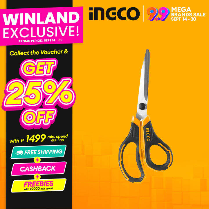 INGCO by Winland 210mm(8") Rubber Grip Long-Blade Scissors HSCRS812108 ...
