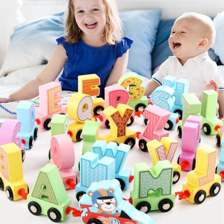 Wooden Alphabet Train Building Blocks 26 English Puzzle Cognitive ...