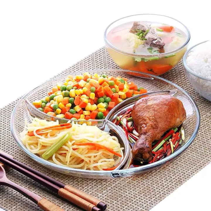 7009P 10“ ROUND MULTIFUNCTION DISH TEMPERED GLASS TRIPARTITE PLATE ...