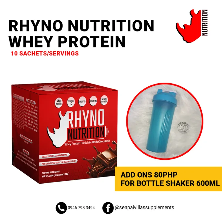 RHYNO NUTRITION WHEY PROTEIN 10 SACHETS ADD ONS BOTTLE SHAKER 600ML ...