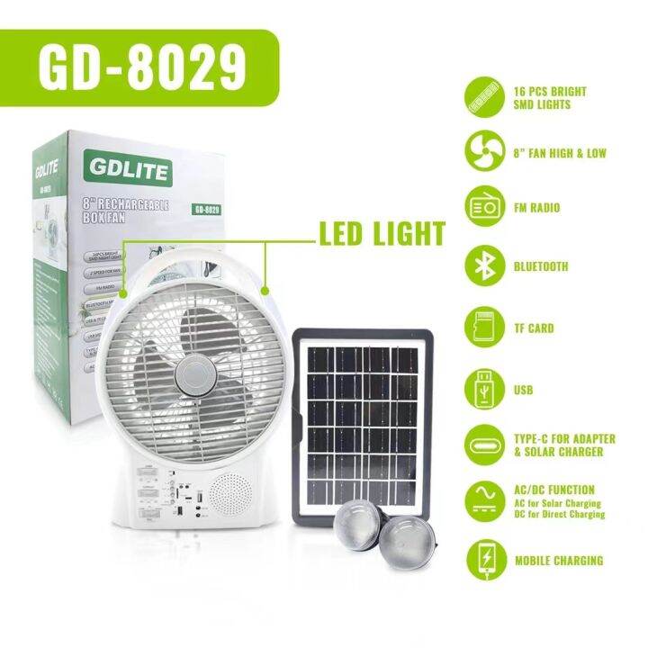 GDPLUS 8Inch Solar Power Desk Fan Rechargeable Fan with Bluetooth Fm Radio and Led Light GD-8029 ...