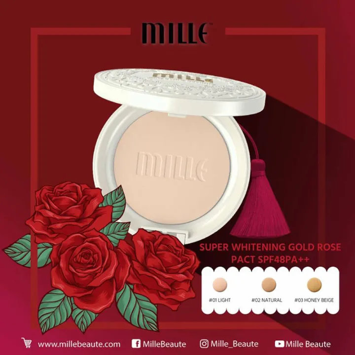 MILLE SUPER WHITENING GOLD ROSCT SPF48++ มิเล่ แป้งผสมรองพื้นสูตรไวท์เท ...