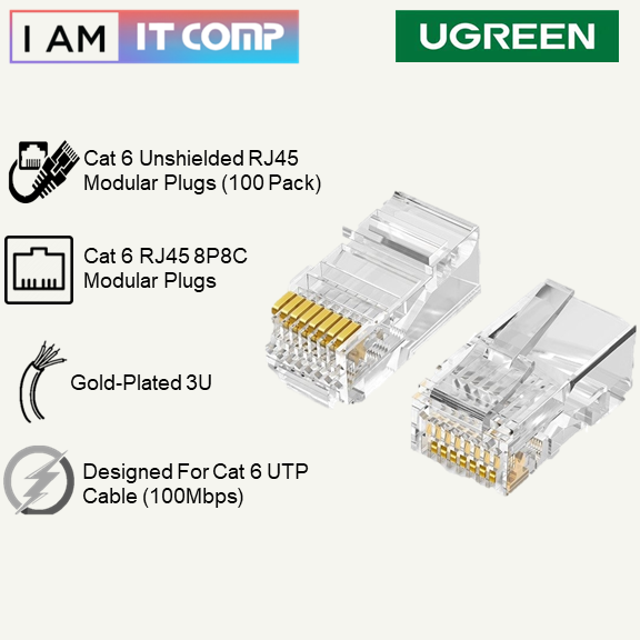 UGREEN Cat 6 Unshielded RJ45 Modular Plugs (100Pack) / Gold Plated 3U / Data Transfer / Designed ...