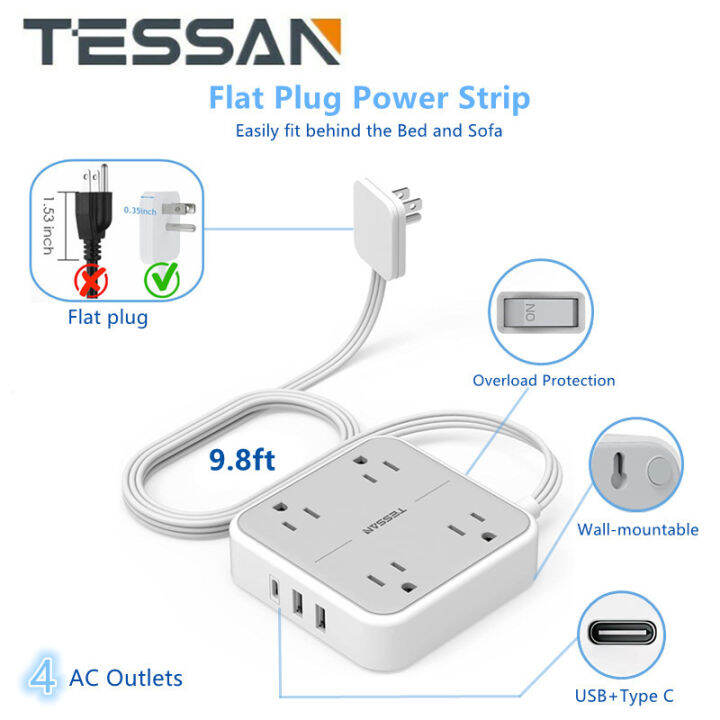 TESSAN Ultra-thin Extension Cord 3 M Power Strip with USB Port , 4 Way ...