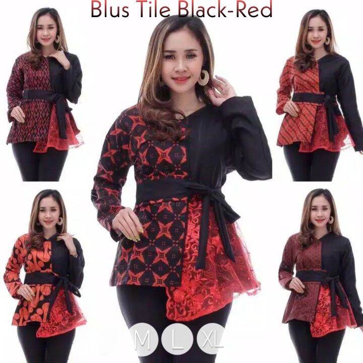 BLUS TILE BLACK-RED BLUS BATIK CEWEK BLOUSE BATIK WANITA SERAGAM BATIK ...