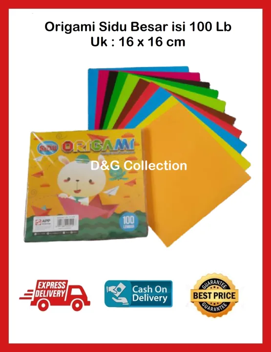 KERTAS ORIGAMI BESAR / KERTAS LIPAT 100 LEMBAR SIDU BESAR UK 16 X 16 CM ...
