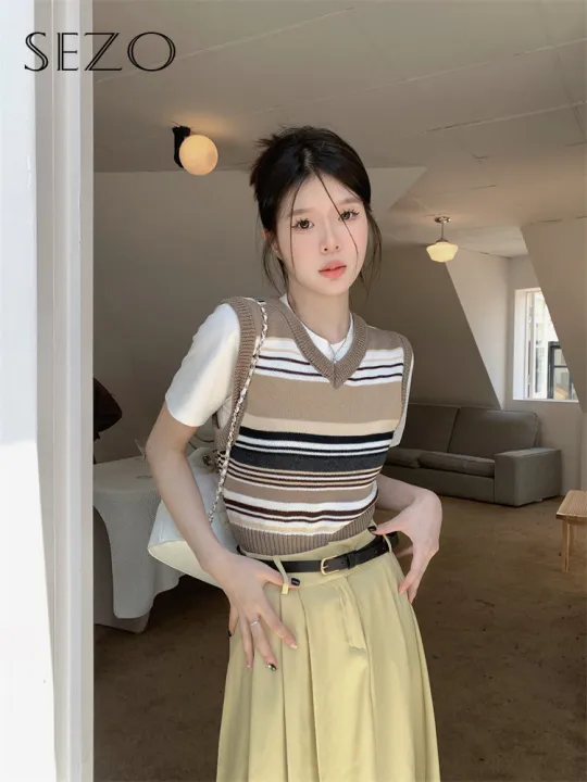SEZO เสื้อกล้ามคอวีลายทางเกาหลีสำหรับผู้หญิง | Lazada.co.th