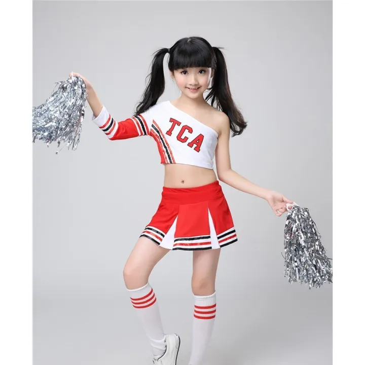 Kids Girls Red Cheerleader Outfit +Poms + Socks Varsity Sports ...