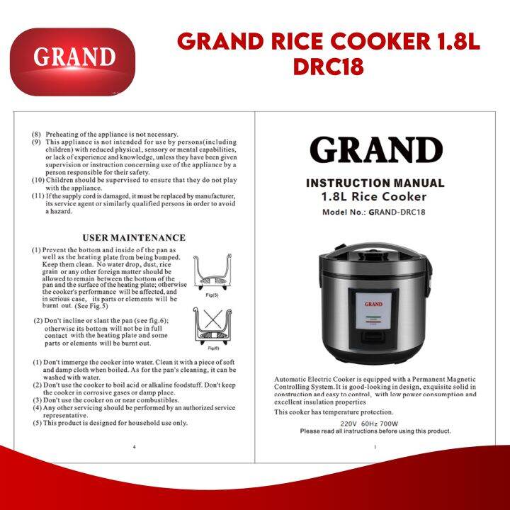 Grand 1.8L Heavy Duty Rice Cooker (DRC18) with Free Spoon and Measuring ...