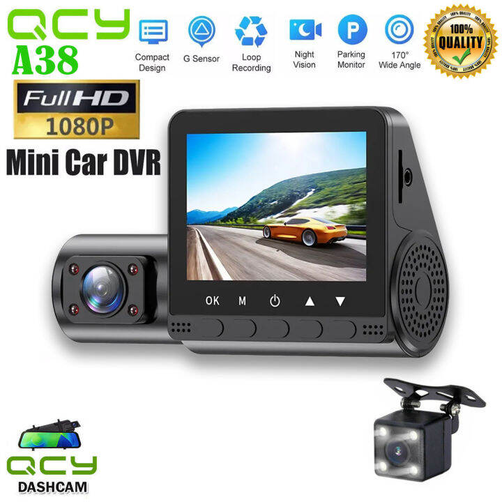 QCY A38 3 Channel Dash Cam Car DVR HD 1080P Inside Vehicle Three Way 3 ...
