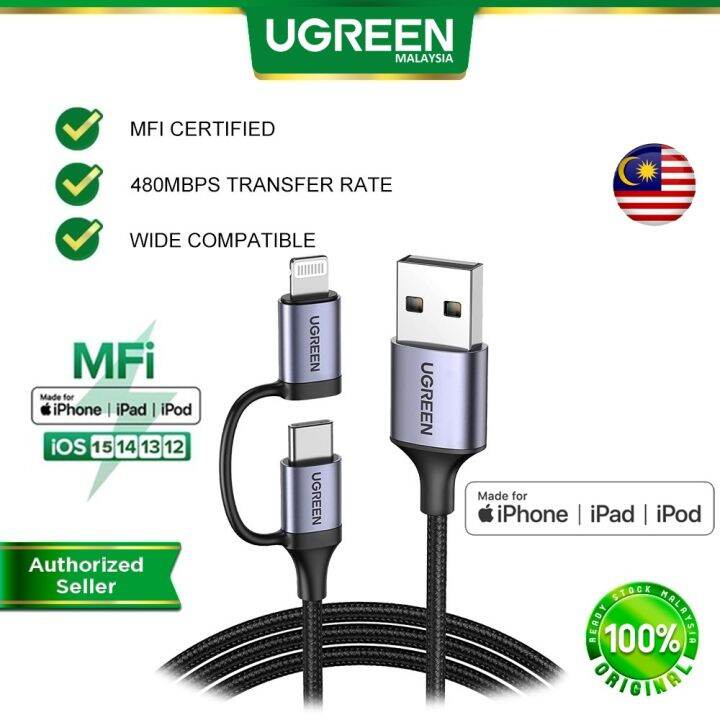 UGREEN 2 in 1 MFI Cable USB A to USB C And Lightning Cable Nylon ...