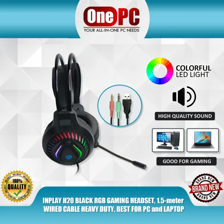 INPLAY H20 BLACK RGB GAMING HEADSET, 1.5-meter WIRED CABLE HEAVY DUTY ...