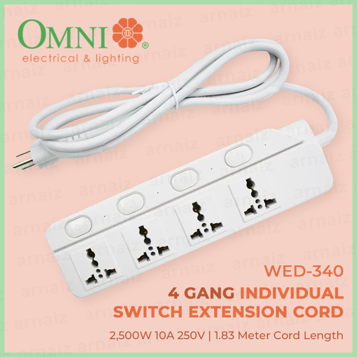 OMNI 4 Gang Individual Switch Extension Cord WED-340 WED340 4 Universal ...