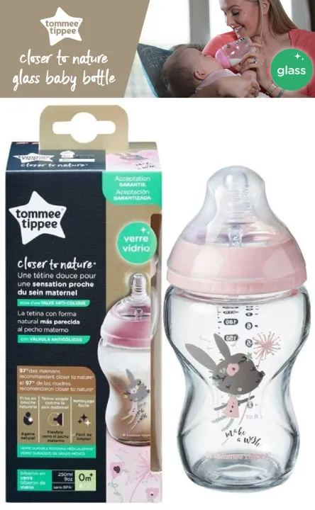 Tommee Tippee Closer to Nature Glass Baby Bottle, Breast-like teat with ...