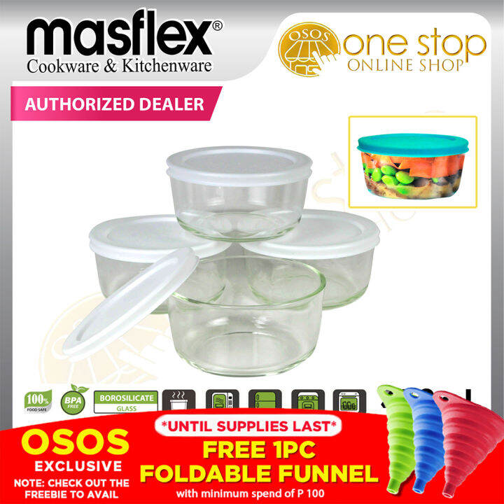 MASFLEX 4 Pieces Borosilicate Glass 450ml Food Container with Lid FE ...