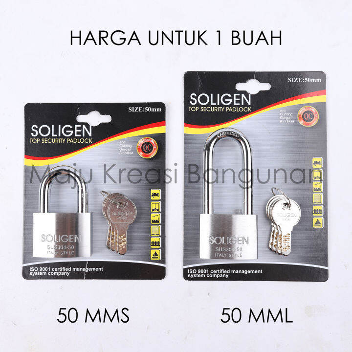 Gembok Stainless Steel 304 SOLIGEN 50mm Kunci Komputer Panjang Pendek ...