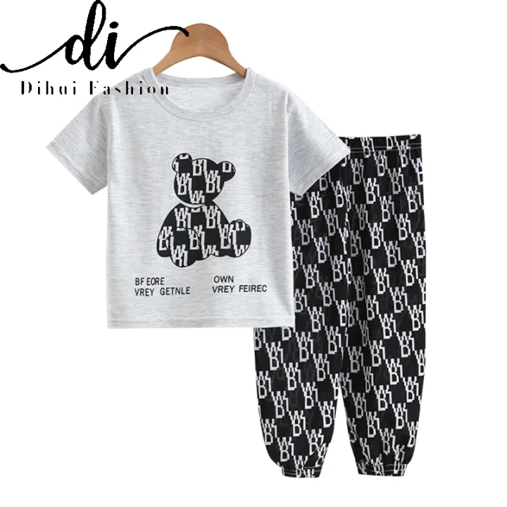 Dihui 2ชิ้น/เซ็ตเด็กชุดผ้าฝ้ายพิมพ์ลายหมีการ์ตูนแขนสั้นเสื้อยืด ...