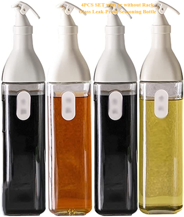 4PCS SET with or without Rack Glass Leak-Proof Seasoning Bottle Soy Sauce Vinegar Sesame 500ml ...