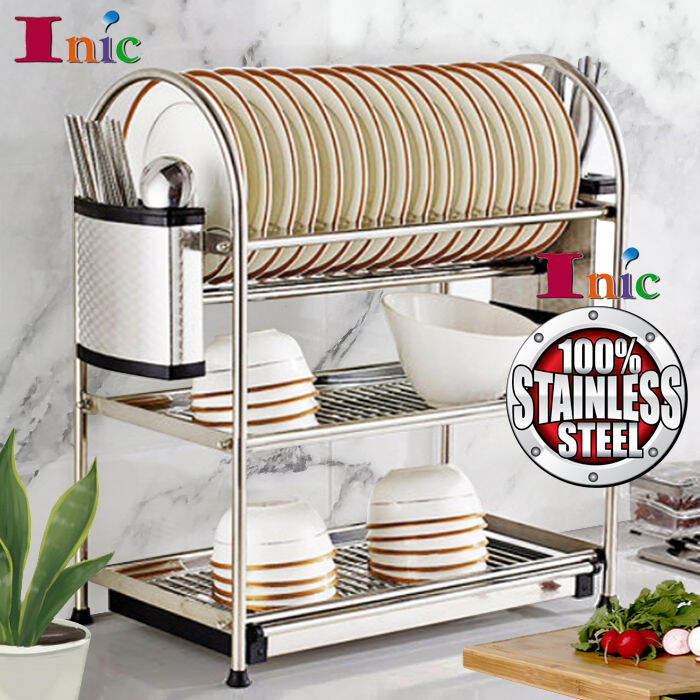 Stainless Steel 3 Tier Dish Rack Rak Pinggan Dish Drainer With Double ...