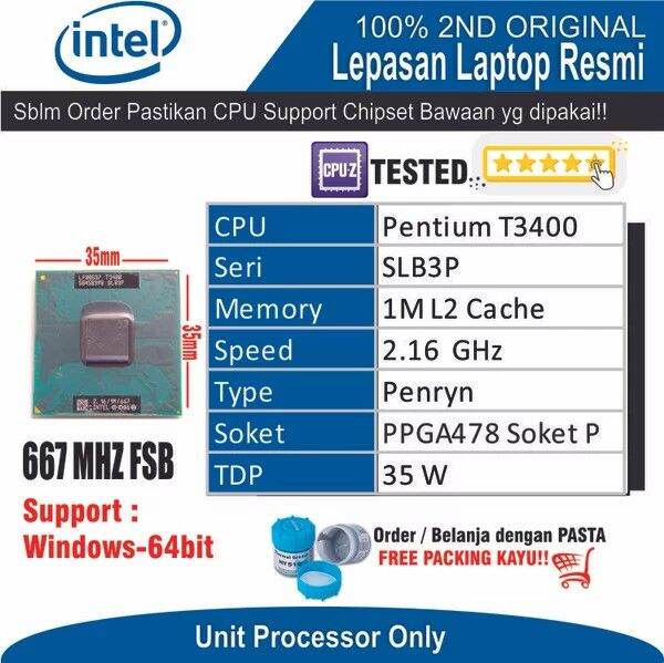 ET31 CPU-PNT-21 Processor Laptop Notebook Intel Pentium T3400 Cache 1M ...