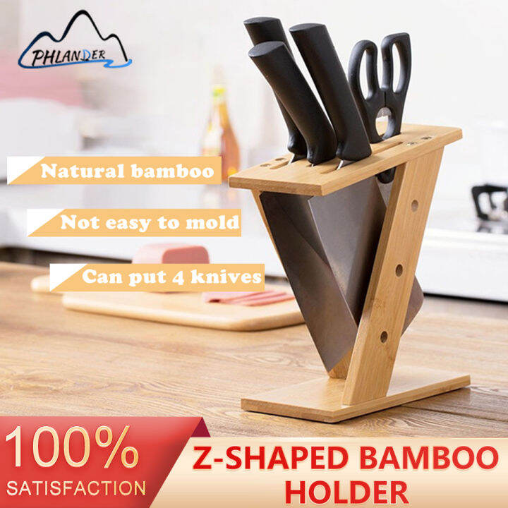 Bamboo Knife Holder Z Shaped Multi Functional Knife Scissor Block Rack ...