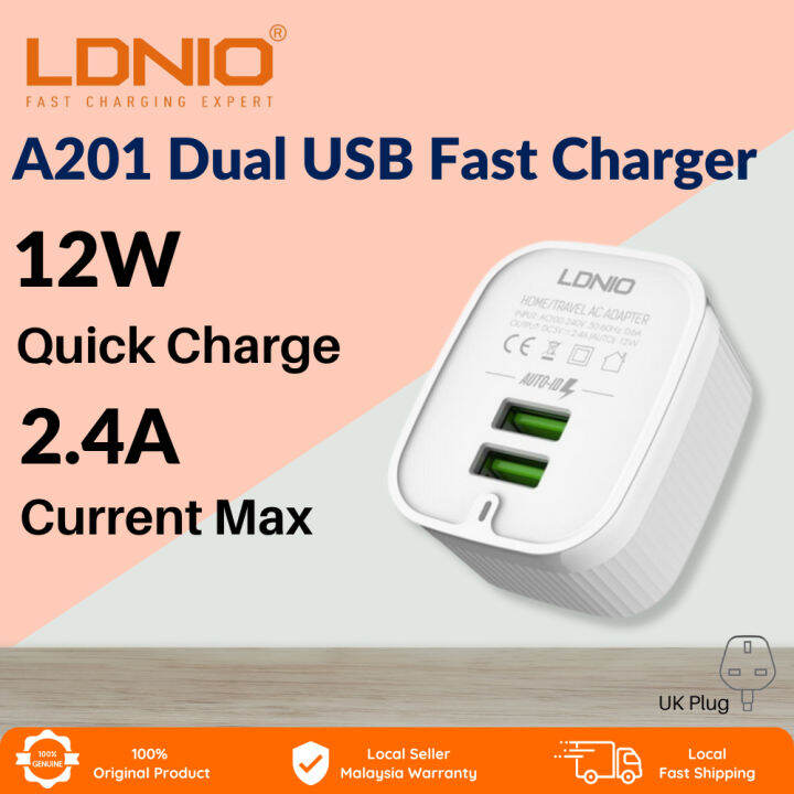 LDNIO A201 2.4A Dual USB Fast Charger | 12W Fast Charging | UK 3 Pin ...