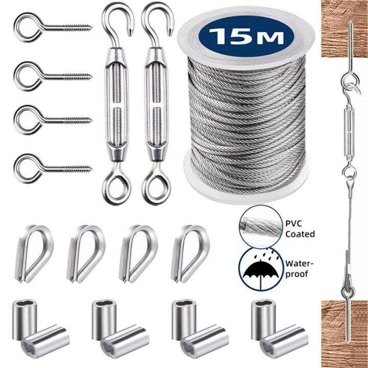 1 Set 15M 2mm Wire Rope Cable Hooks Hanging Kit Flexible PVC Coated ...