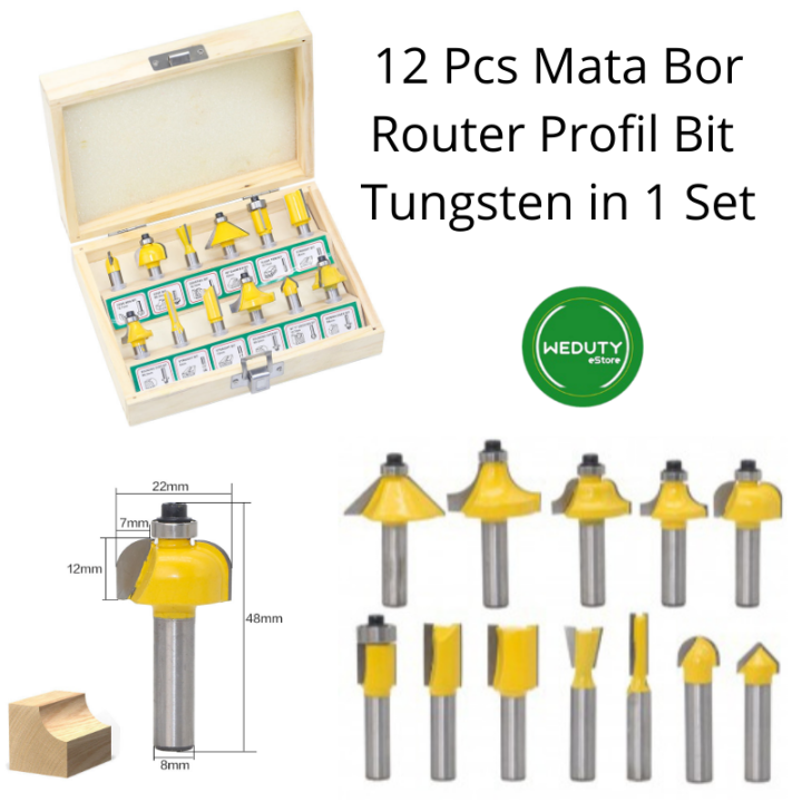 MATA BOR PROFIL LIS SAMBUNGAN KAYU 12 PCS 8MM MITTER ROUTER DRILL BIT ...