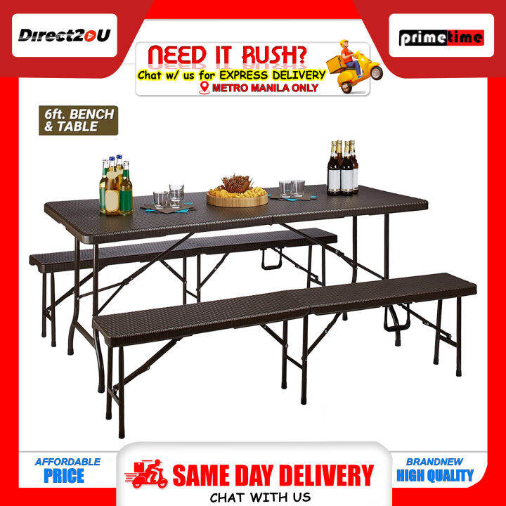 Primetime 6ft. Black Fold-in-Half Plastic Rattan Look Table with 2 pcs ...