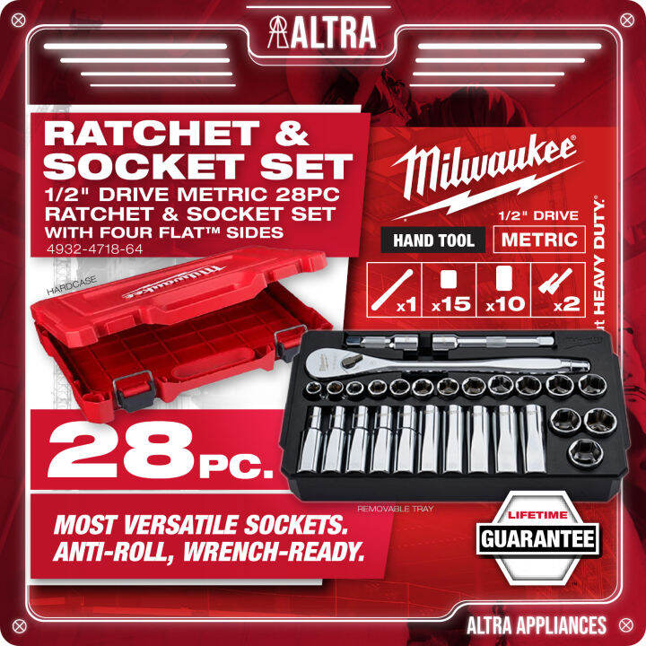 Milwaukee 1/2" Drive Metric 28pc Ratchet & Socket Set ( 4932 - 4718 - 64 ) | Lazada