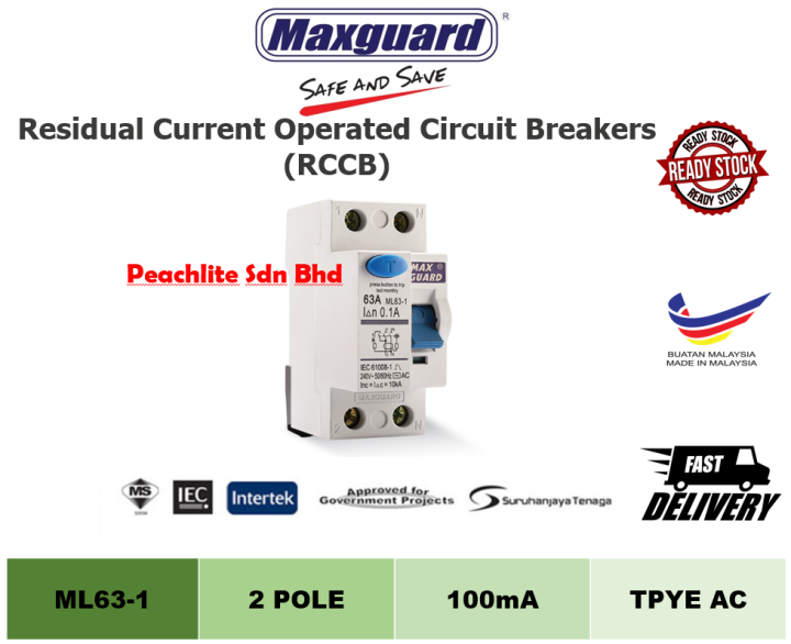 MAXGUARD Residual Current Operated Circuit Breakers ML63-1 Series ELCB RCCB 40A 63A 2POLE 100mA ...