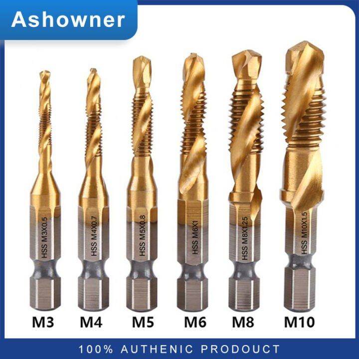 Mũi khoan taro ren trong 3 chức năng m3-m10 phủ Titanium chuôi lục giác - Bộ 6 mũi khoan taro ...