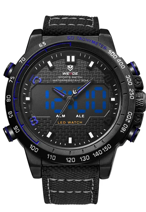 WEIDE Watch for Men's WH6102B-8C-BLUE INDEX Black Nylon Band 30m Dual ...