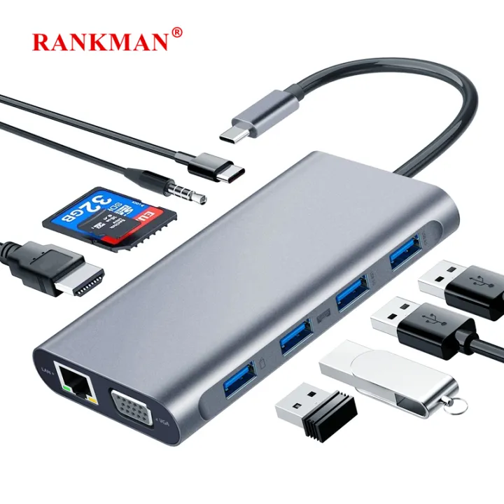 Rankman ประเภท-C เพื่อ Gigabit RJ45 4พัน HDMI-เข้ากันได้ VGA SD TF USB ...