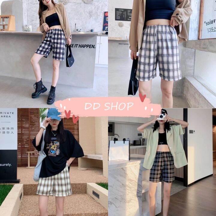 DD SHOP'พร้อมส่ง' KU-616 กางเกงขาสั้นลายราตาง/กางเกง 3 ส่วน เอวสม็อคใส่สบายผ้านิ่ม | Lazada.co.th