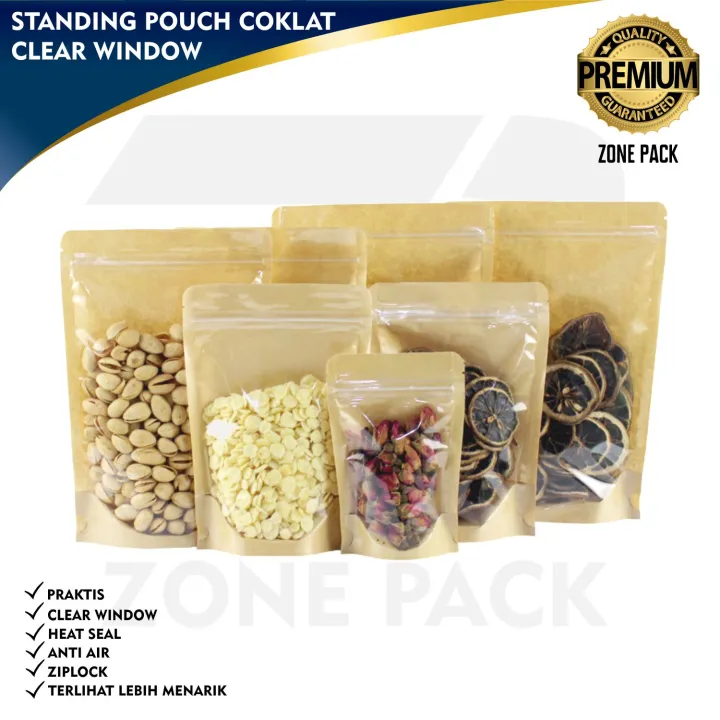 [50pcs] 10x15 cm Standing Pouch Craft Full Clear Windows Warna Coklat | Kemasan Kopi | Kemasan ...