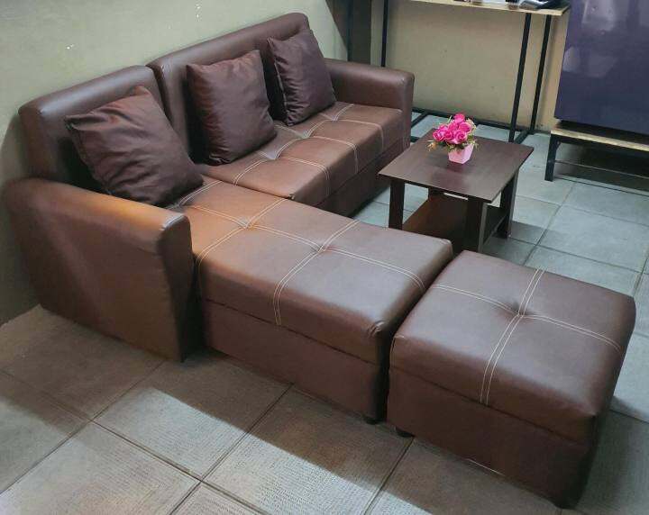 sala set L shape brown leather sofa with center table uratex foam cod ...
