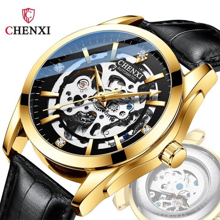 Luxury Casual Mechanical นาฬิกาผู้ชาย Glod Auto CHENXI ยี่ห้อของแท้หนัง Luminous Pointer กันน้ำ ...