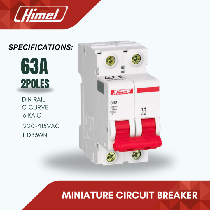 MCB 2P 63A Himel Miniature Circuit Breaker 100% Authentic IP20 Din Rail Type 220 to 415VAC ...
