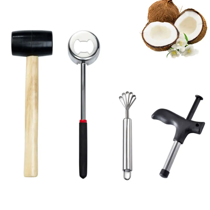 Coconut Opener Tool Set Stainless Steel Coconut Breaker with Rubber ...